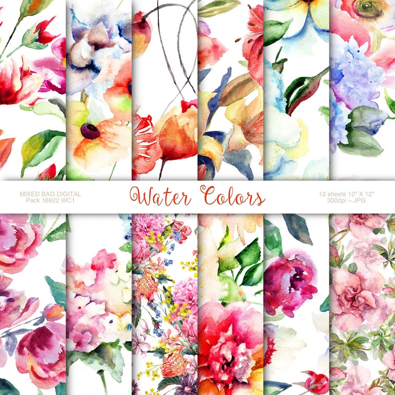 Watercolor Floral 12 Sheet Assortment Pack, Digital Printable Craft ...