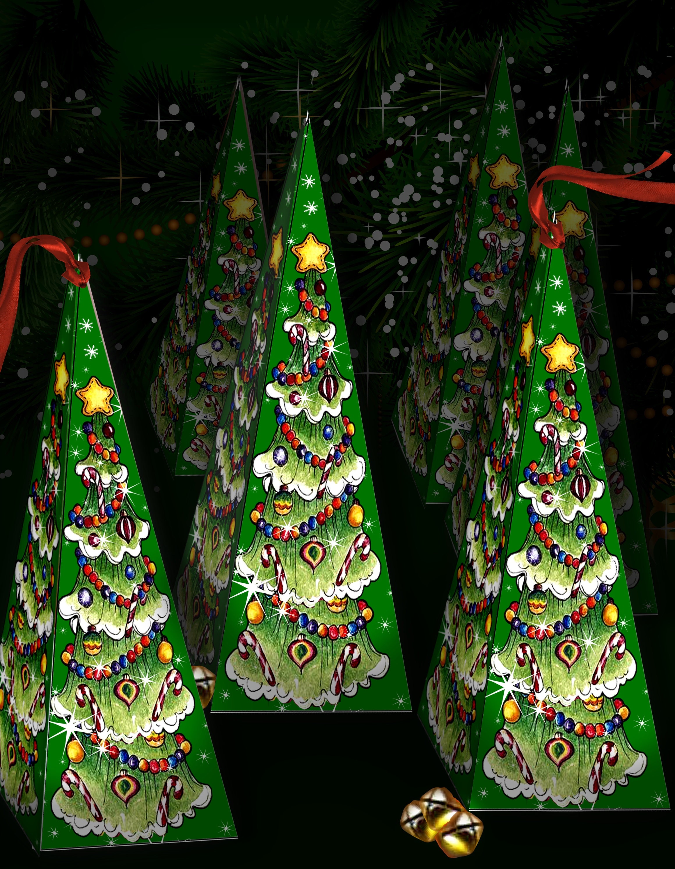 Cute Christmas Tree Pyramid Triangle Goody Treats Box 6.5" Tall X 2 ...