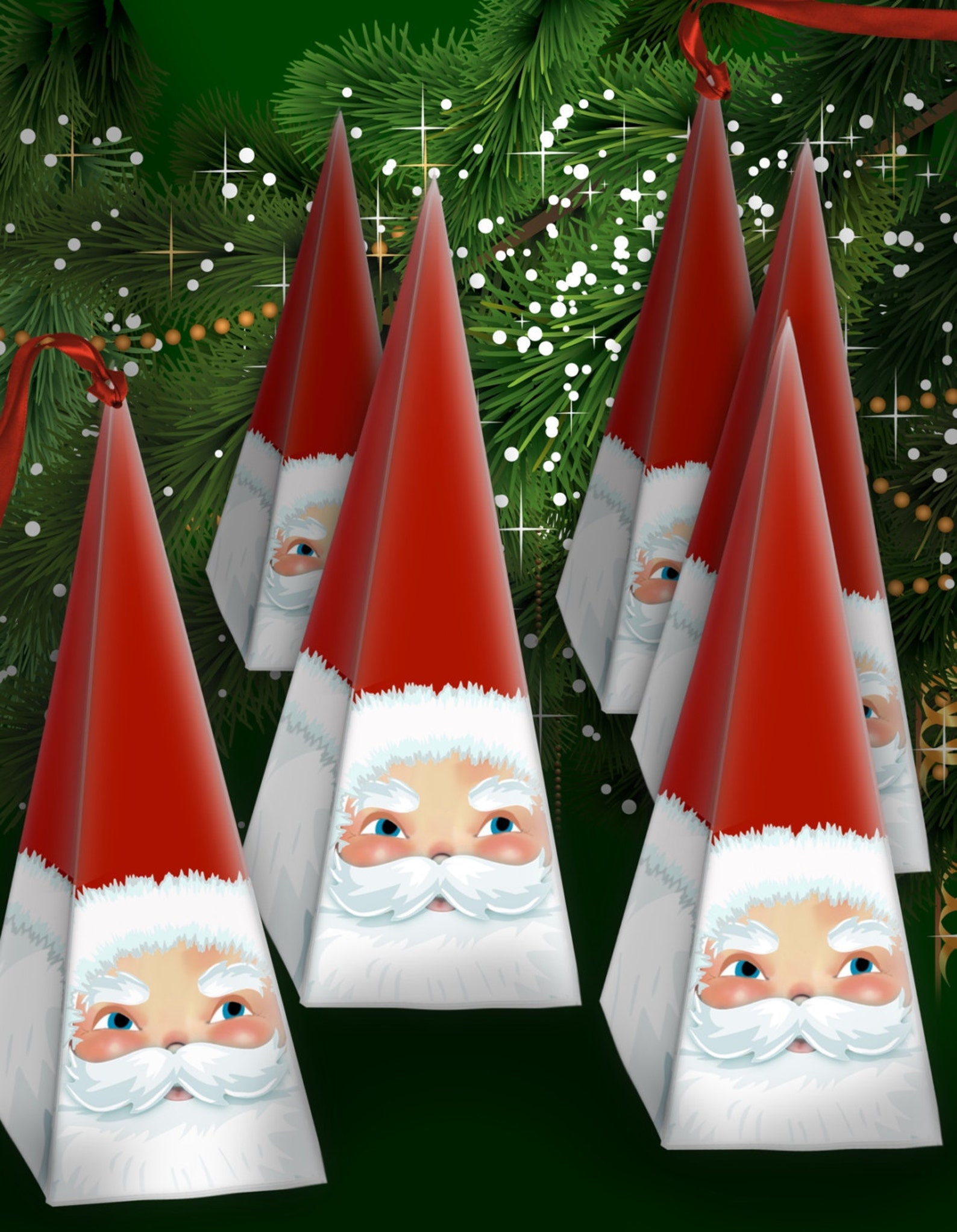 Santa Claus Christmas Pyramid Triangle Goody Treats Box 6.5" Tall X 2 ...