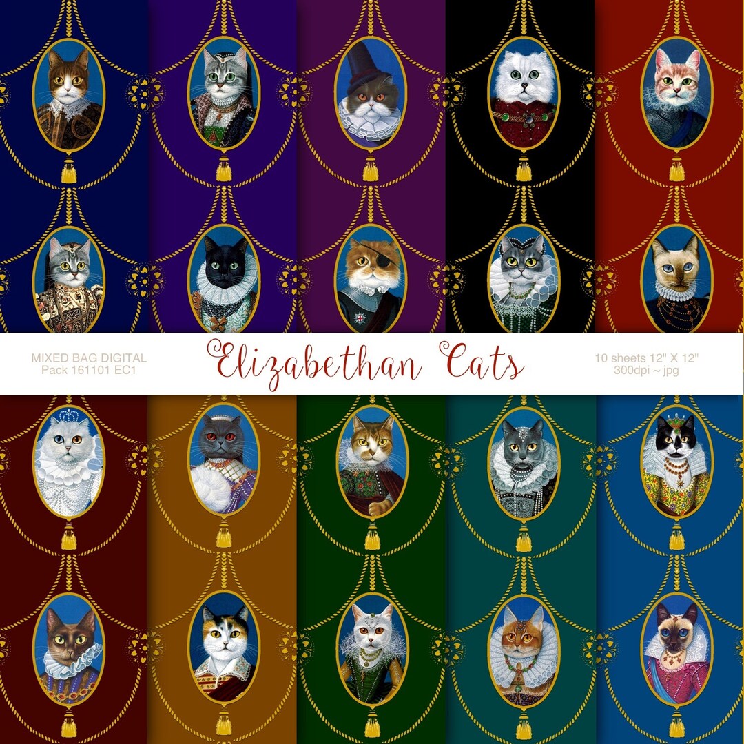 Elizabethan Cat Portrait 10 Sheet Assortment Pack, Digital Printable ...