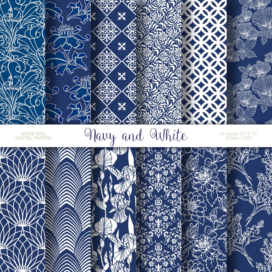 Navy Blue & White Damask 12 Sheet Assortment Pack, Digital Printable ...