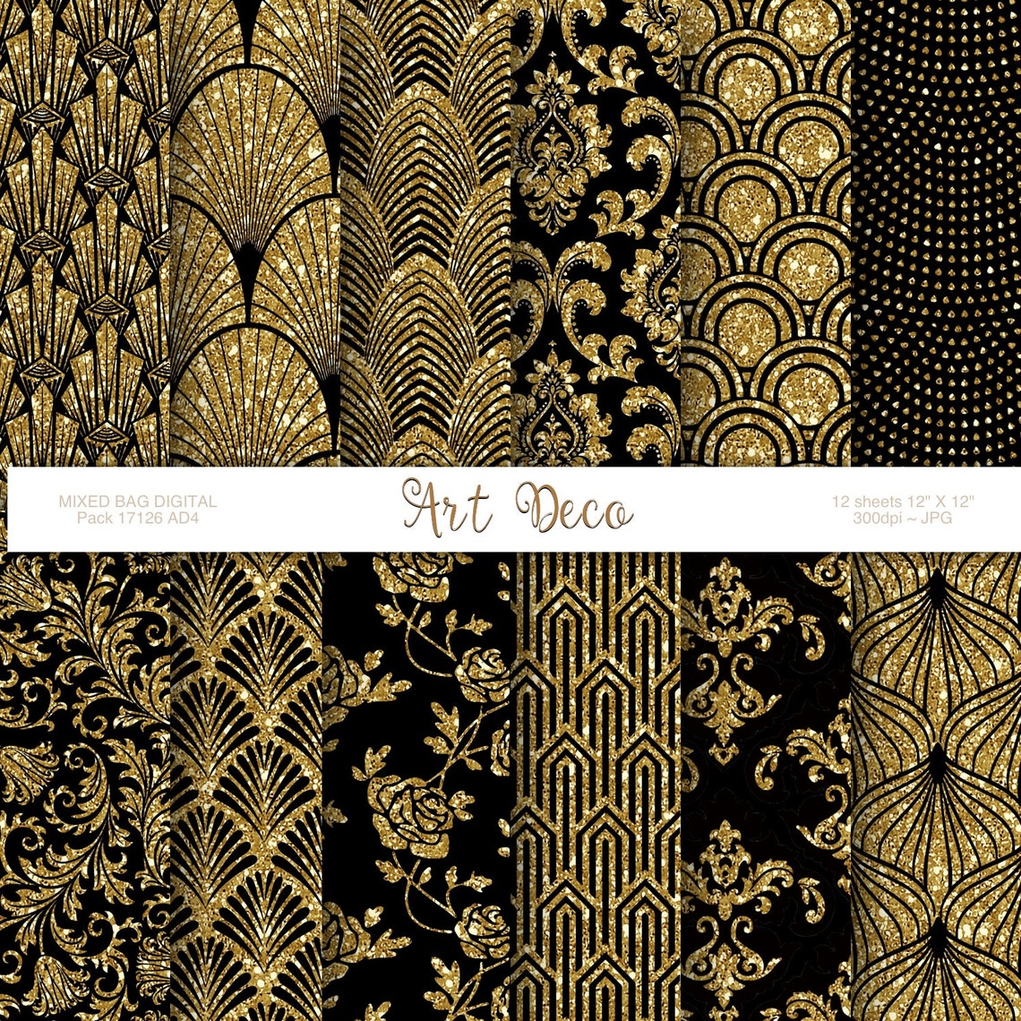 Art Deco Black & Gold Glitter 12 Sheet Assortment Pack Digital ...