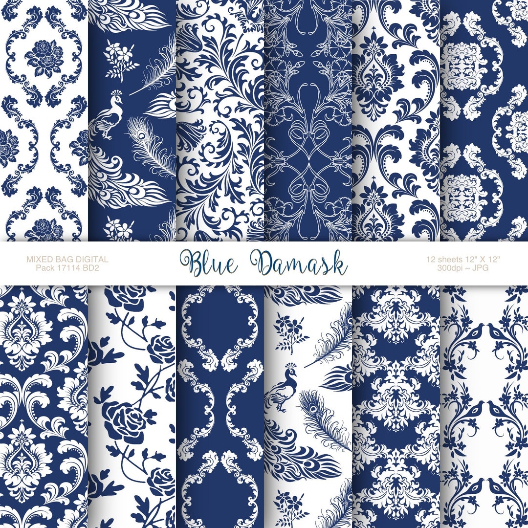 Navy Blue & White Damask 12 Sheet Assortment Pack, Digital Printable ...