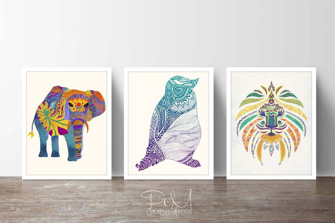 Colorful Whimsical Animal Wall Art Set of 3 Prints Elephant - Etsy