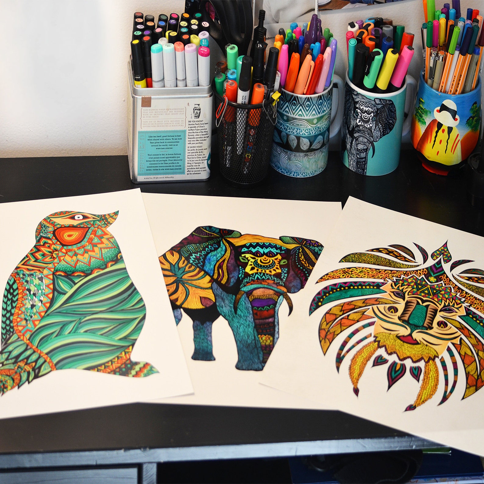 Colorful Tribal Animal Wall Art Set of 3 Prints – Elephant, Lion ...