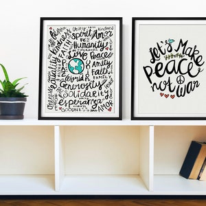 World Peace Positive Messages Typography Poster Prints in 8x10 or 11x14 ...