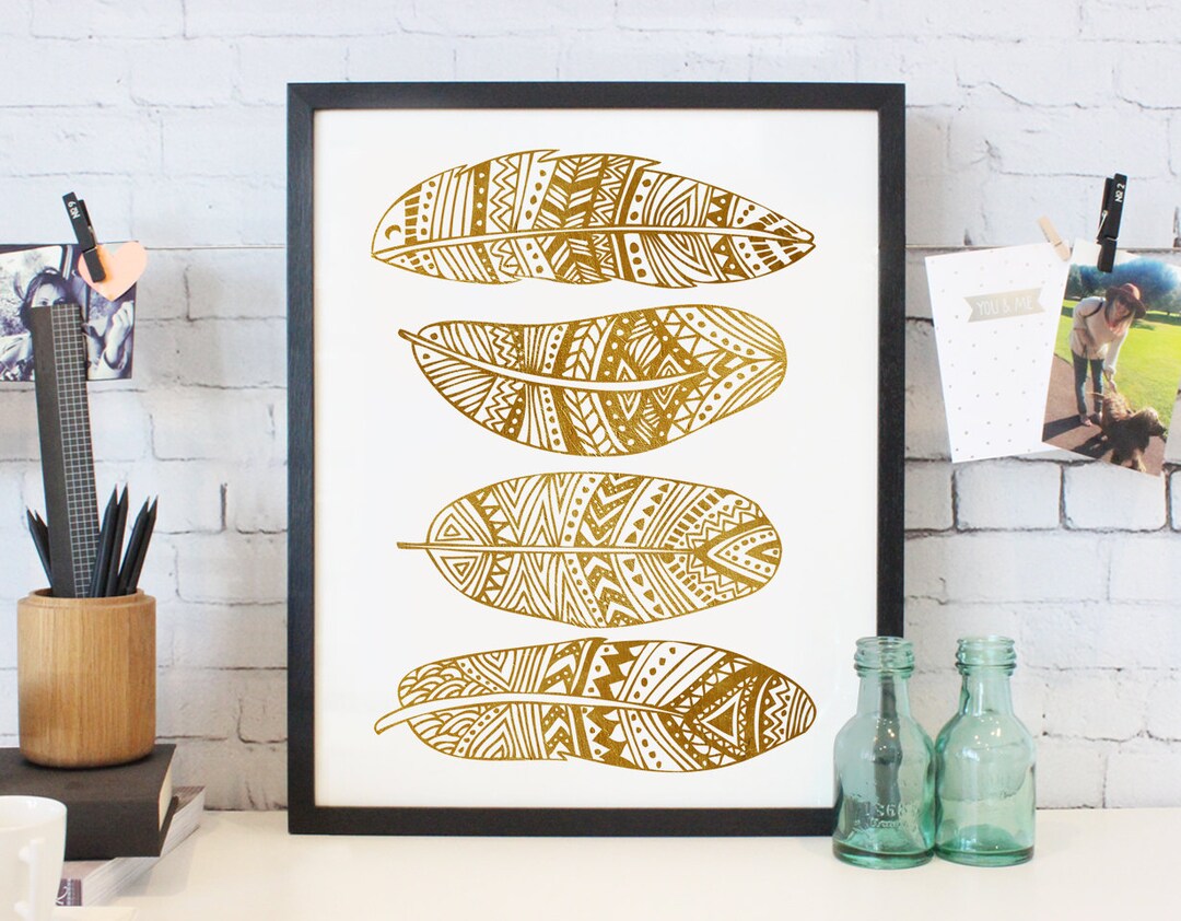 Poster Print 8x10 or 11x14 - Boho Gold Tribal Feathers - for Your Home ...