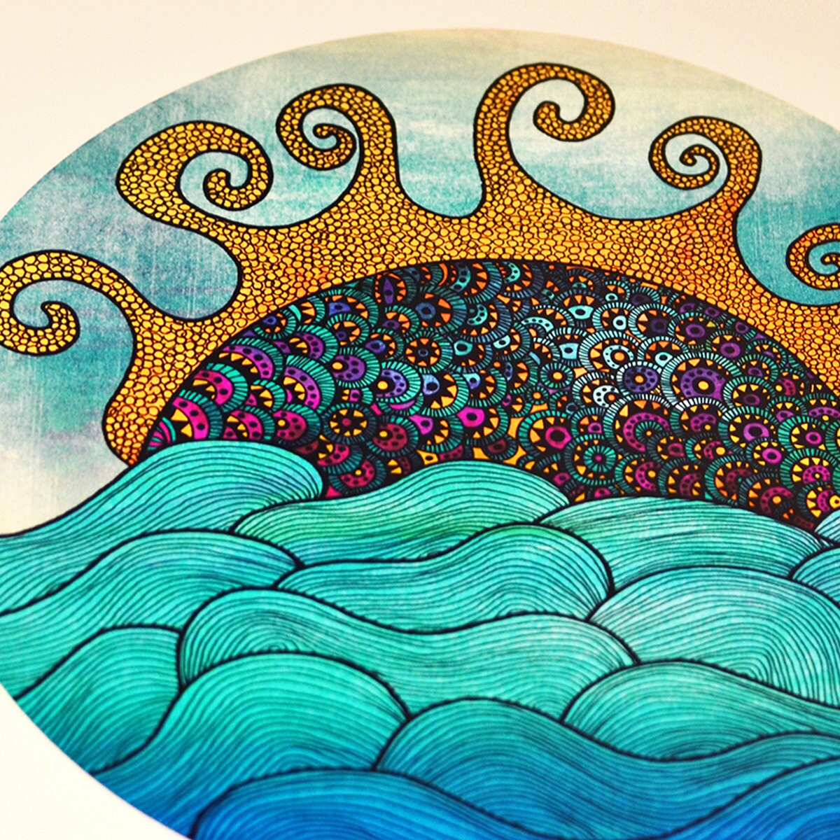 Whimsical Sun and Ocean Waves Illustration Art Print 8x 10 | Etsy