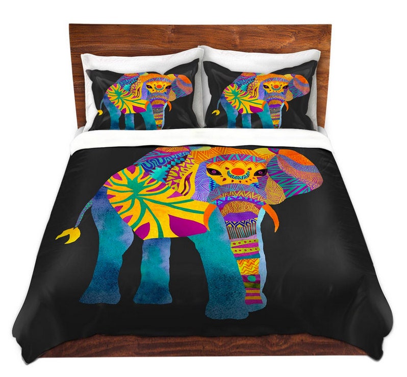 Whimsical Elephant Bed Duvet Cover on Black – for Twin, Queen and King ...