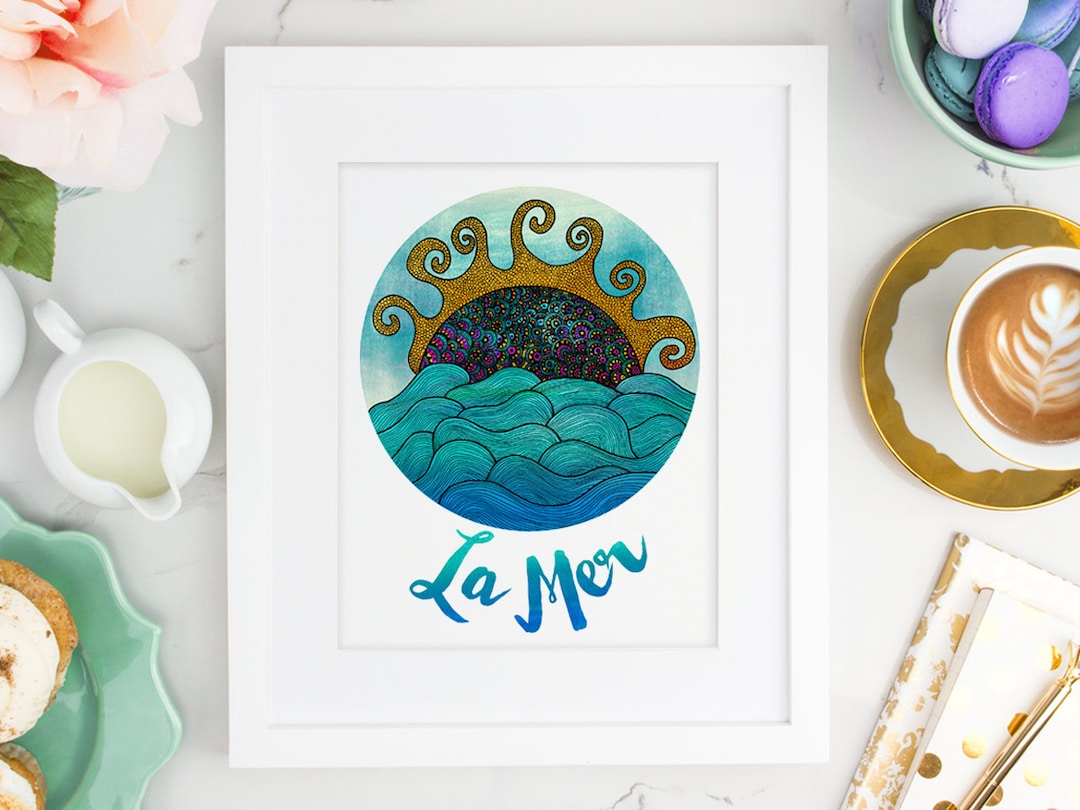 La Mer Typography Sun and Ocean Waves Illustration Art Print - Etsy