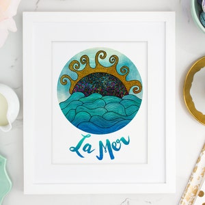 La Mer Typography Sun and Ocean Waves Illustration Art Print 8x 10 or ...