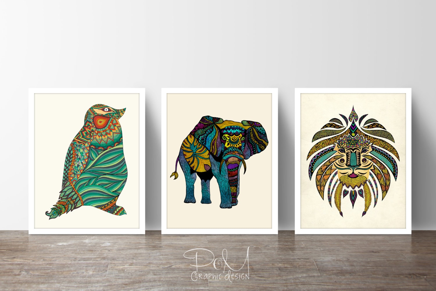 Colorful Tribal Animal Wall Art Set of 3 Prints Elephant | Etsy