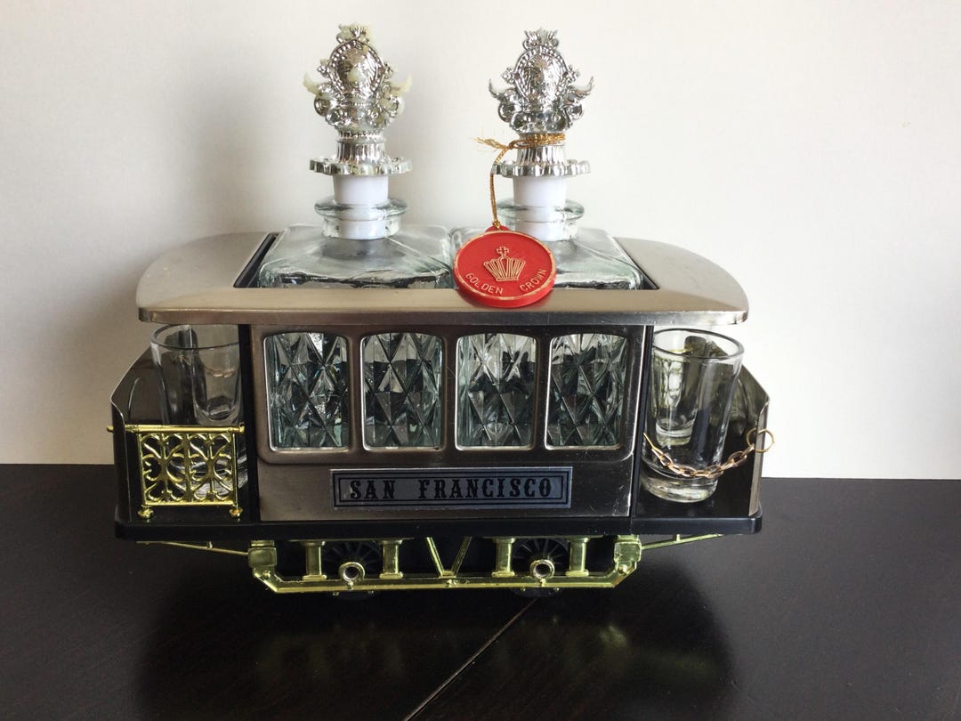 San Francisco Cable Car Music Box Decanter Set 2 Decanters 4 Shot Glass ...