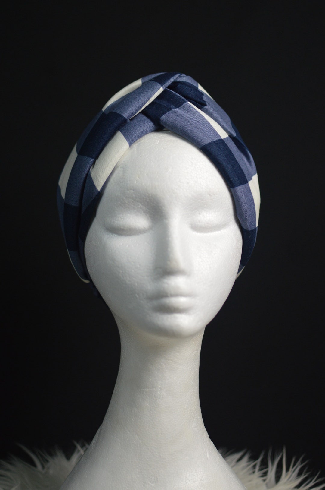 Blue and Ivory Plaid Plush Turban Headband - Etsy