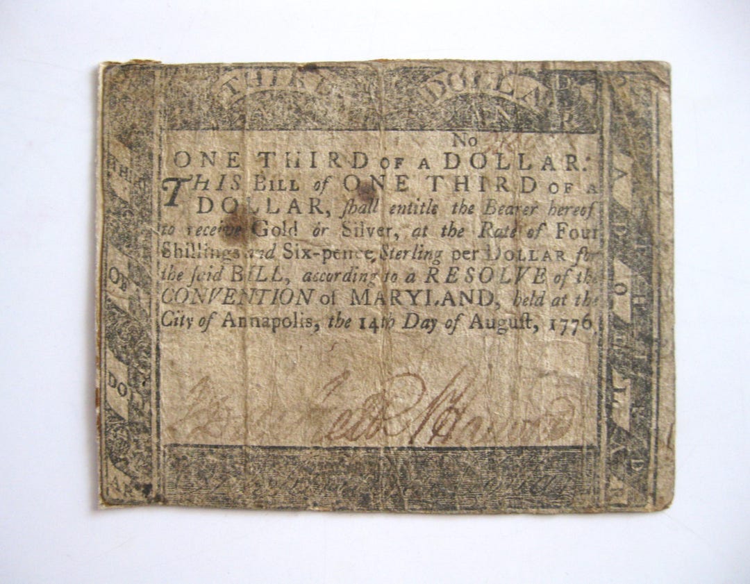 ON SALE *** Original August 1776 CONTINENTAL One Third of a Dollar ...