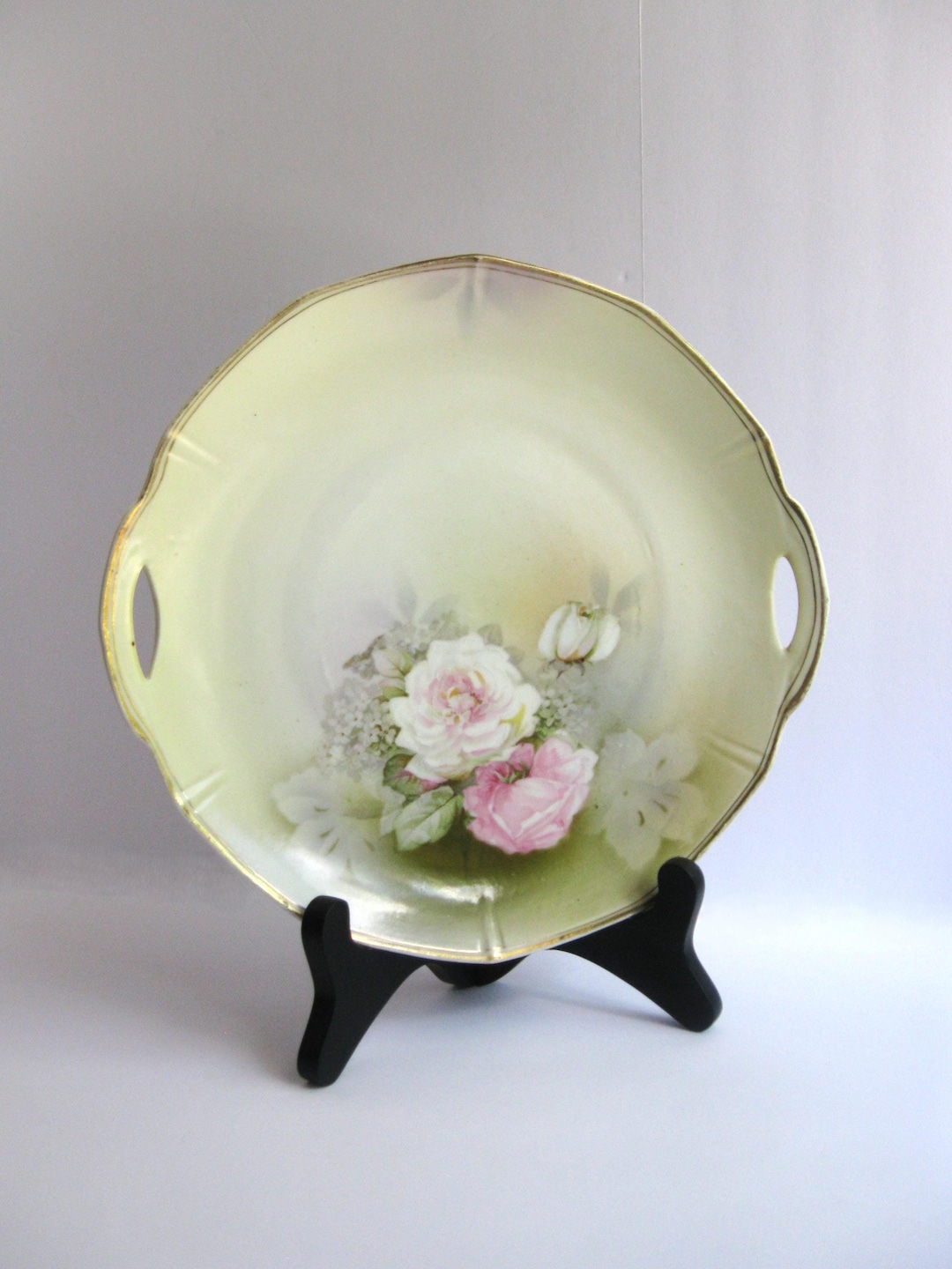 Antique 1902 Hand Painted China Plate - PINK ROSES - Cut Out Double ...