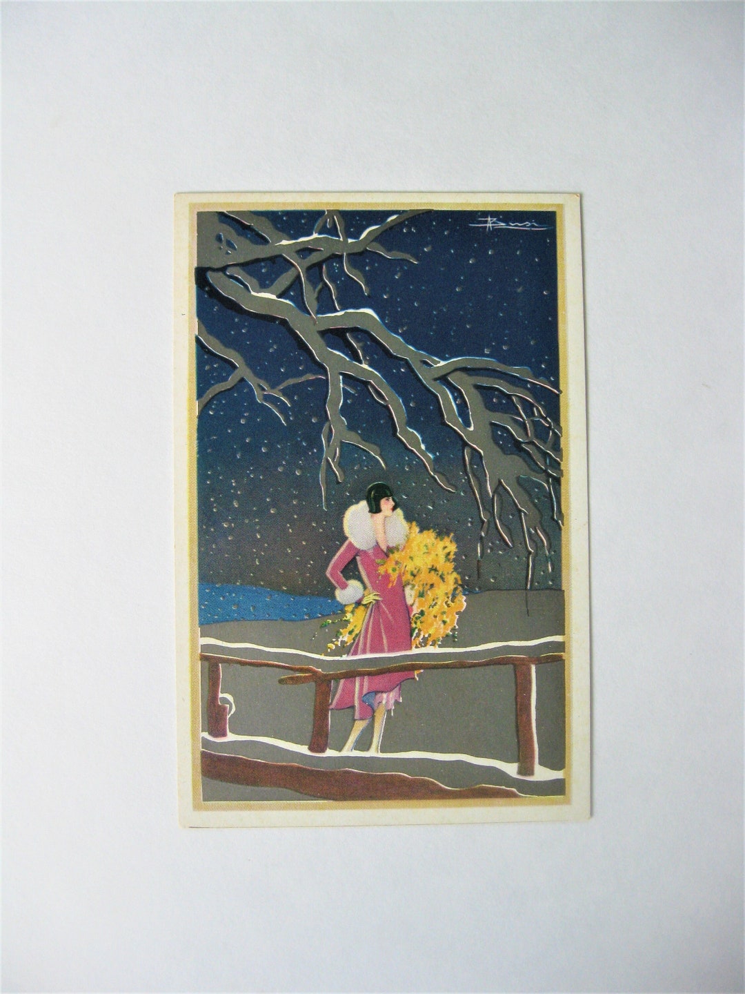 Busi - Artist Signed Vintage Post Card - Art Deco Woman Standing on ...