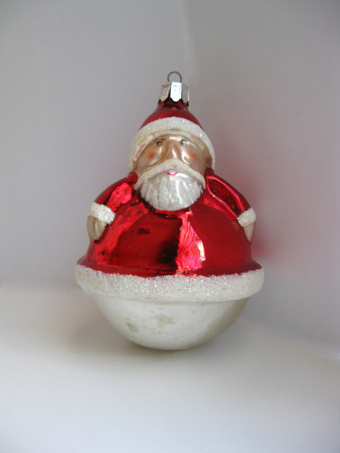 Vintage Roly Poly Glass Santa Christmas Ornament - Mica Crystal Accents ...