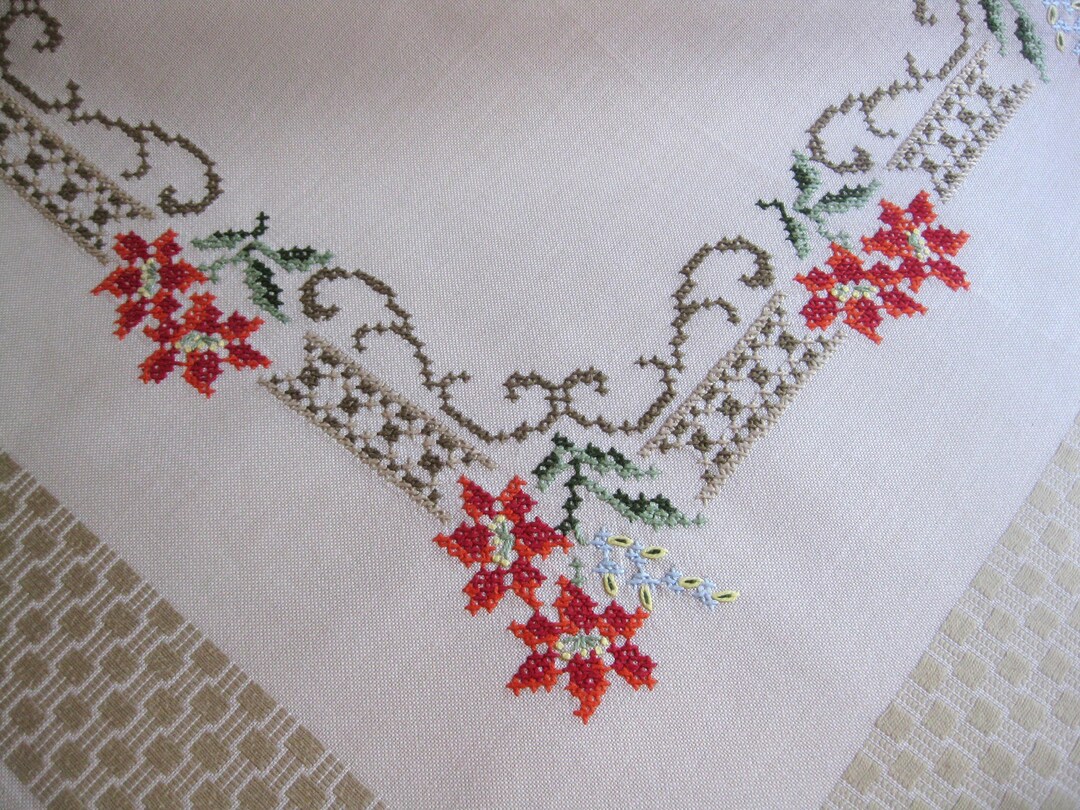 Vintage 1970s Christmas Cross Stitch Table Topper - Bright Red ...