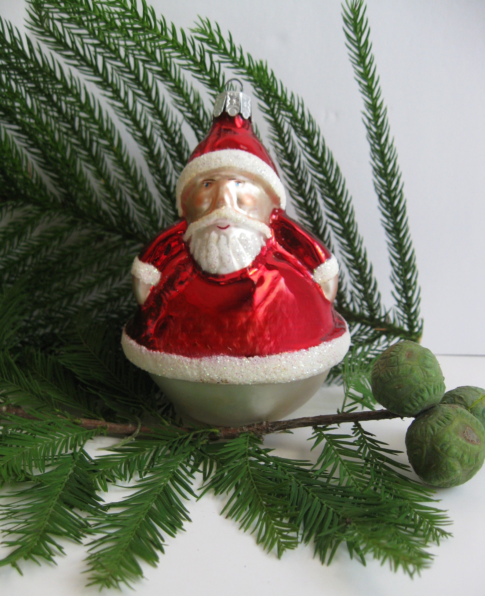 Vintage Roly Poly Glass Santa Christmas Ornament - Mica Crystal Accents ...