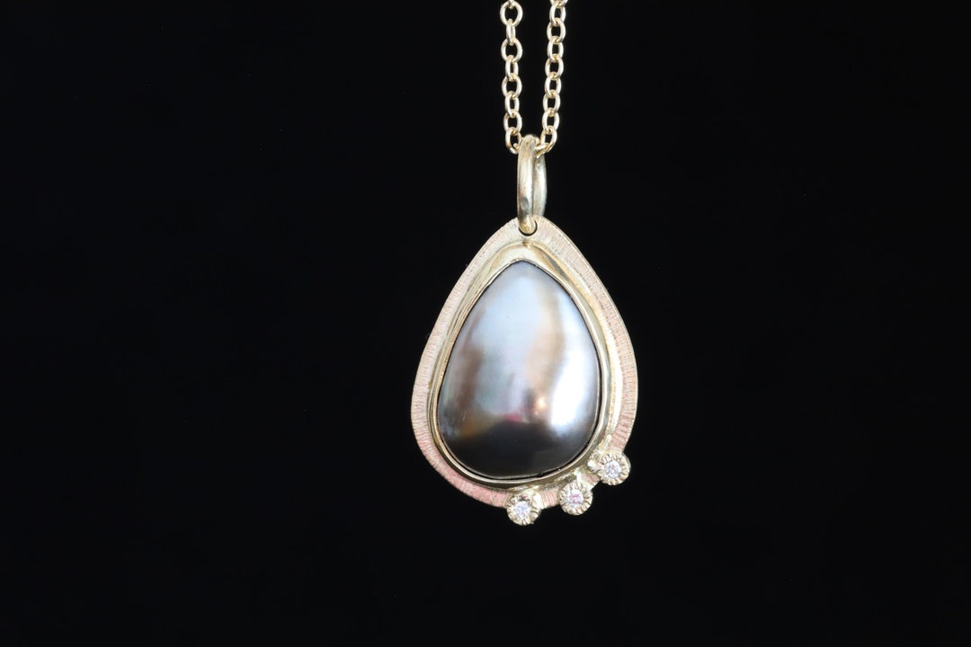 Hawaiian Pearl and Diamonds Gold Necklace Gray Pearl and - Etsy