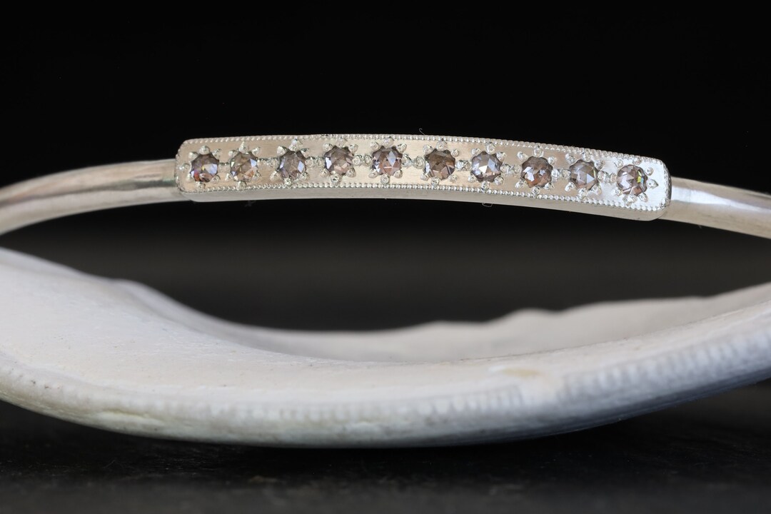 Silver Pink Diamonds Bar Cuff Bracelet, Rose Cut Pink Diamonds Silver Bar Cuff, Diamonds ...