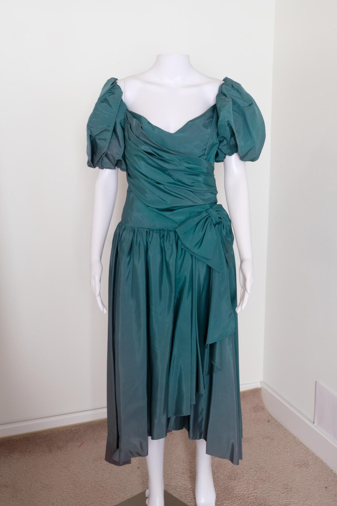 1980's Vintage Prom Dress Teal Matte Puff Sleeve High Low Skirt Ruched ...