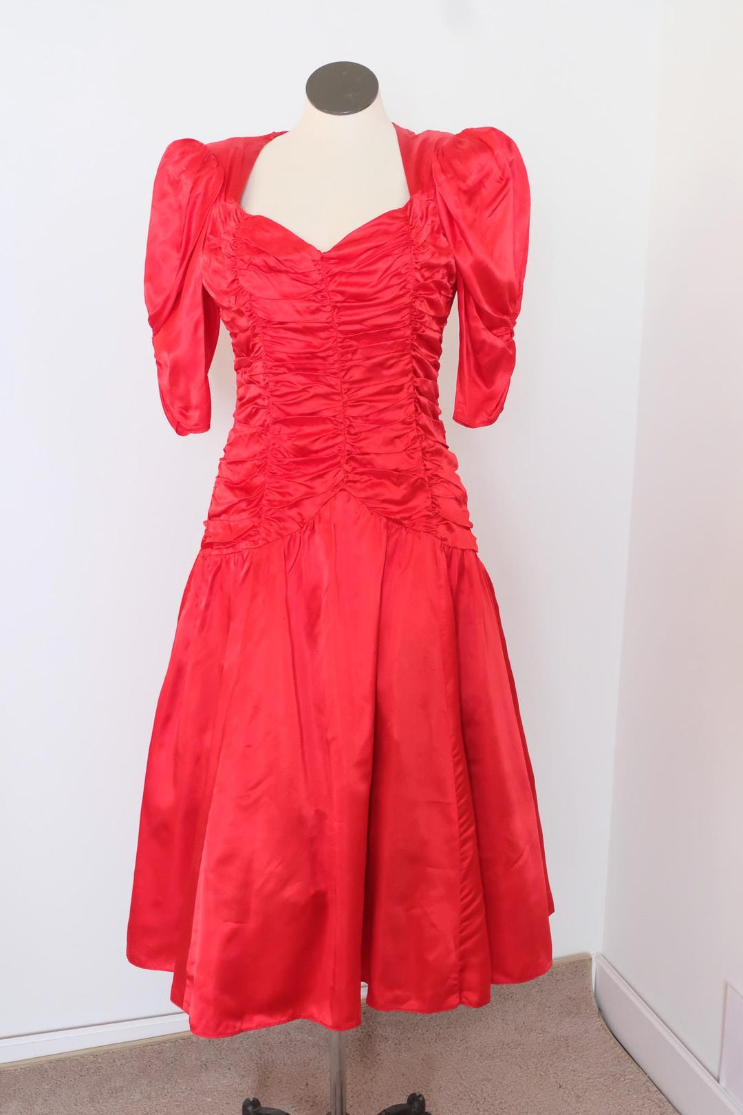 1980's Vintage RED Satin Prom Gunne Sax Dress T Length Cross Over ...