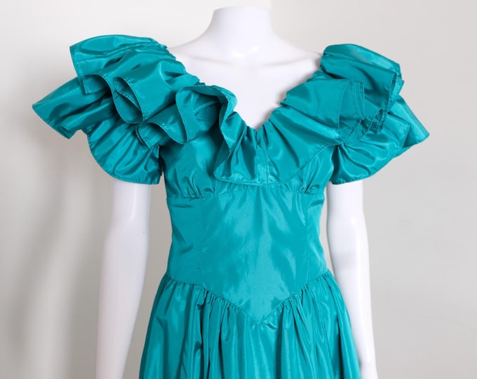 1980's Vintage Dramatic Prom Gown Dress Teal Taffeta Fitted Bodice off ...