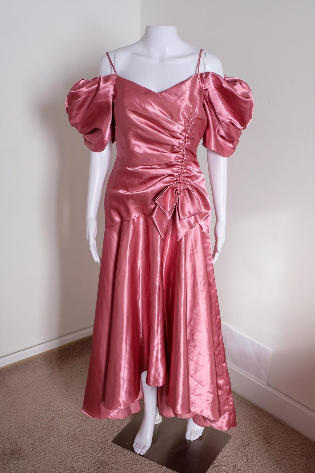 1980's Vintage Prom Dress Pink Satin off the Shoulder Dynasty Glamour ...