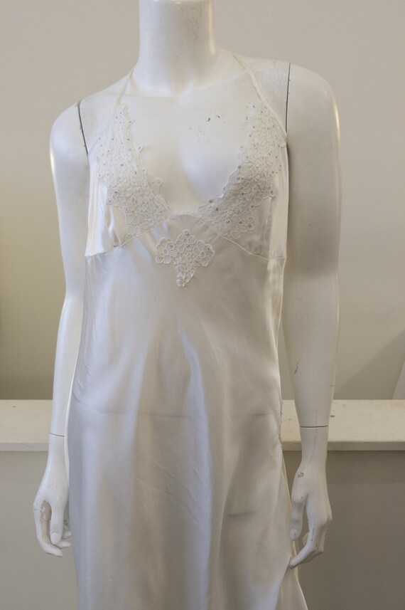 1990s Vintage White Satin Slip Dress Lingerie Floral … - Gem