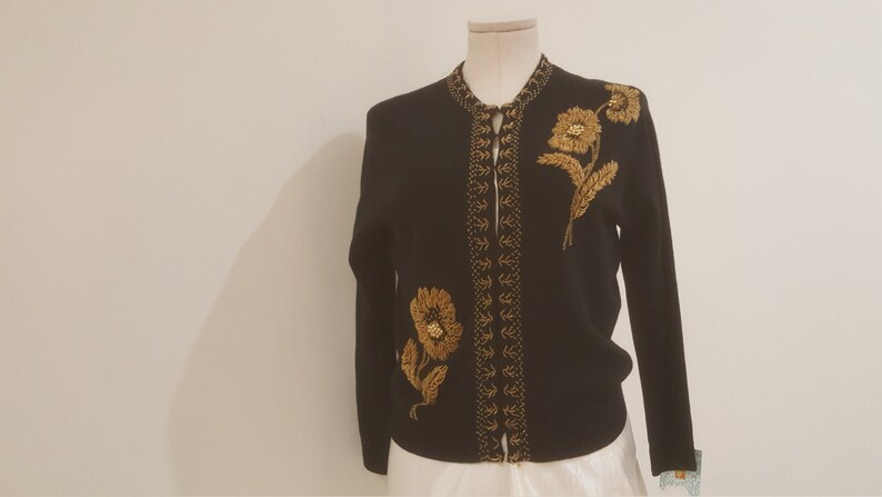 1950's Vintage Black Beaded Lambswool Cardigan With Gold Beads of ...