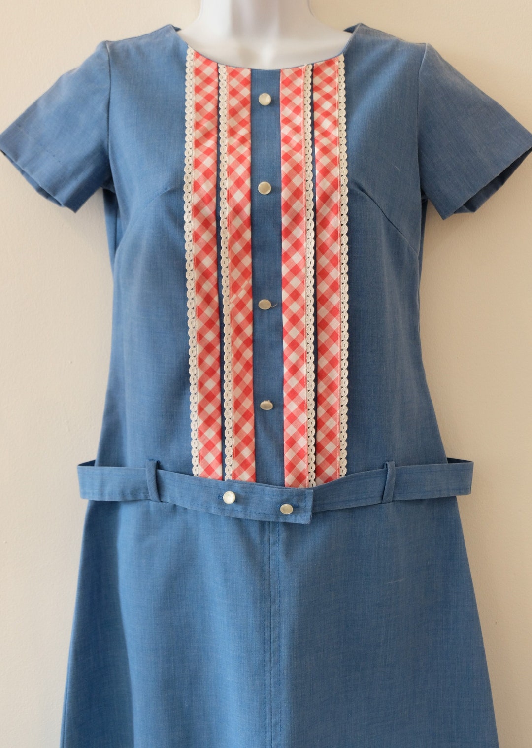 1960's Vintage Girls Mod Blue With Red White Checkered and Lace Trim ...