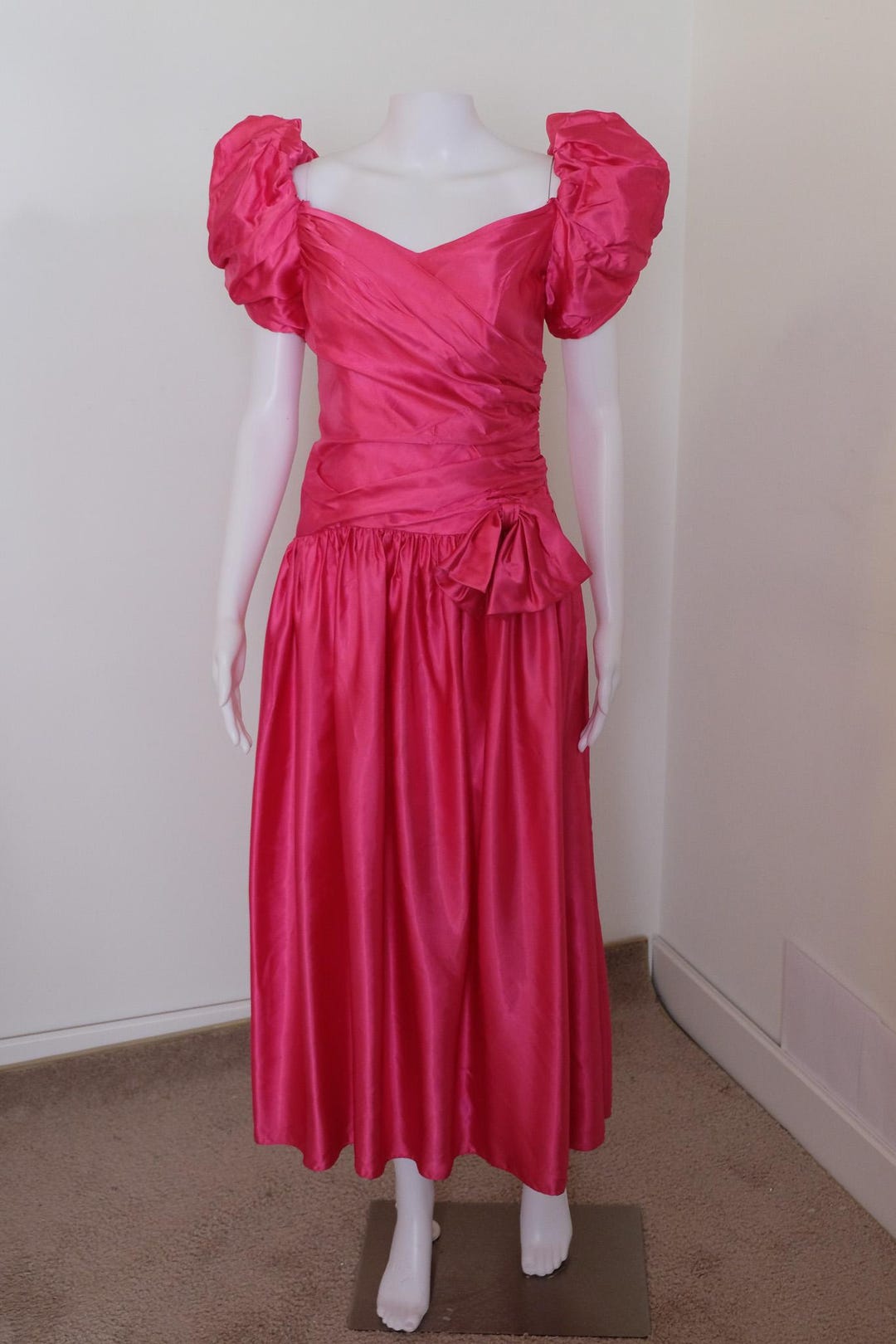 1980's Vintage Prom Dress Fuchsia Puff Sleeve T Length Skirt Cross Over ...