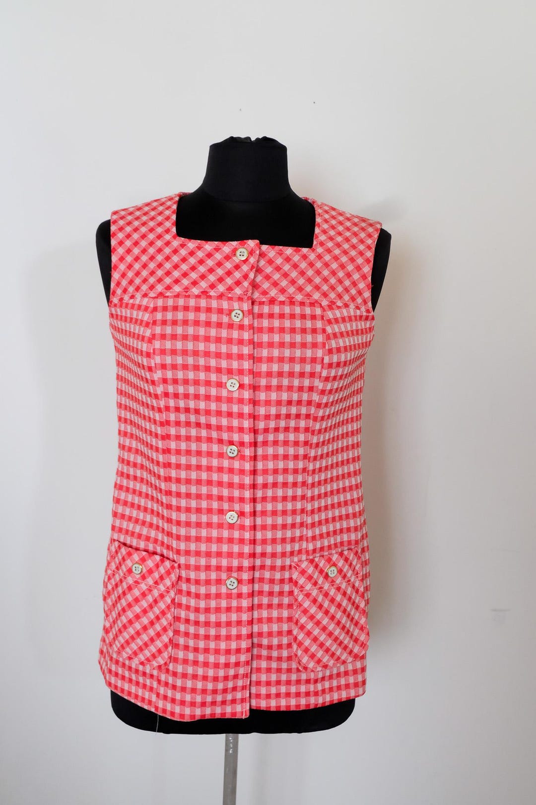1970's Vintage Red White Gingham Double Knit Elongated Tunic Vest Patch ...