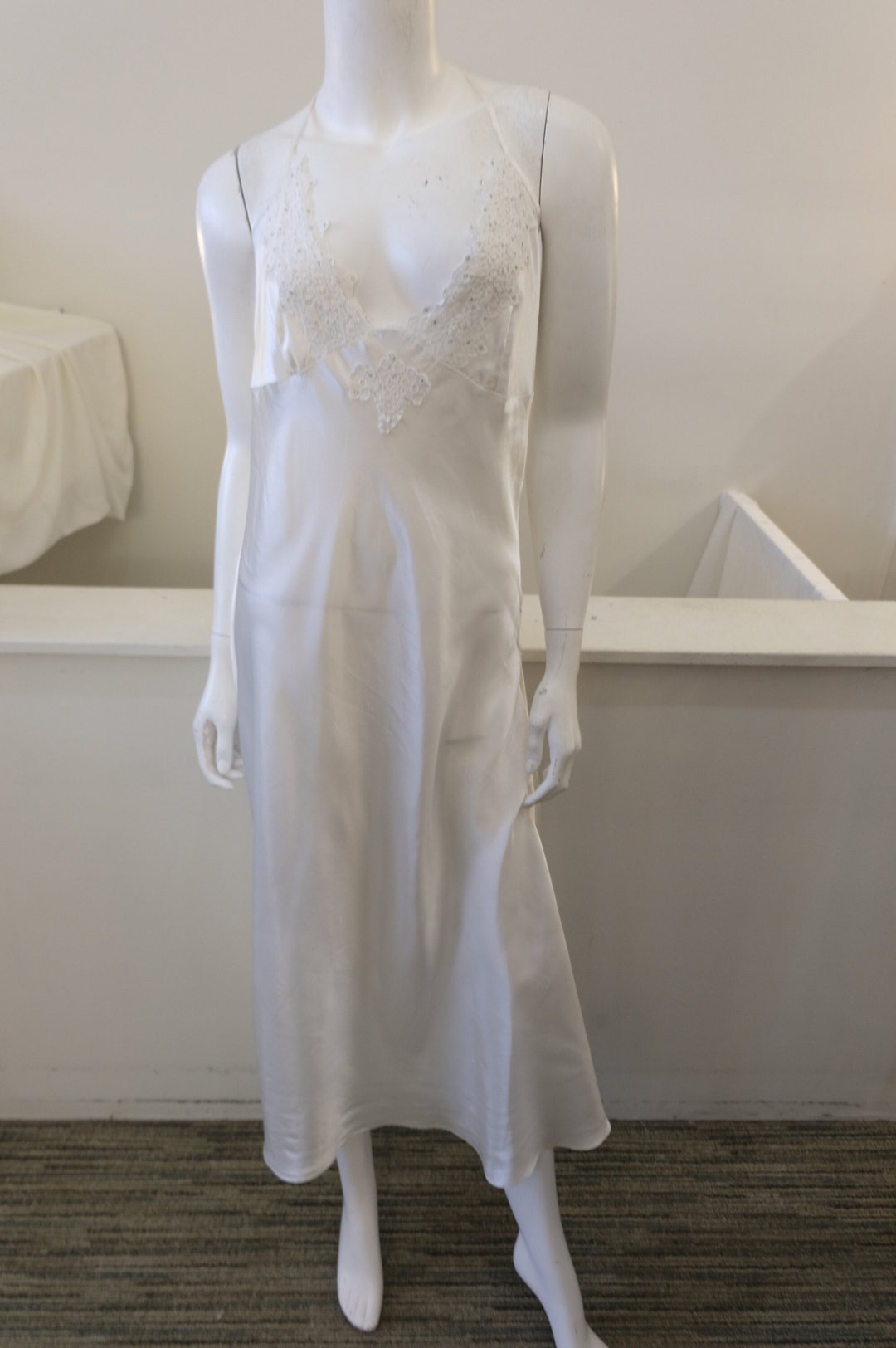 1990s Vintage White Satin Slip Dress Lingerie Floral Lace With ...