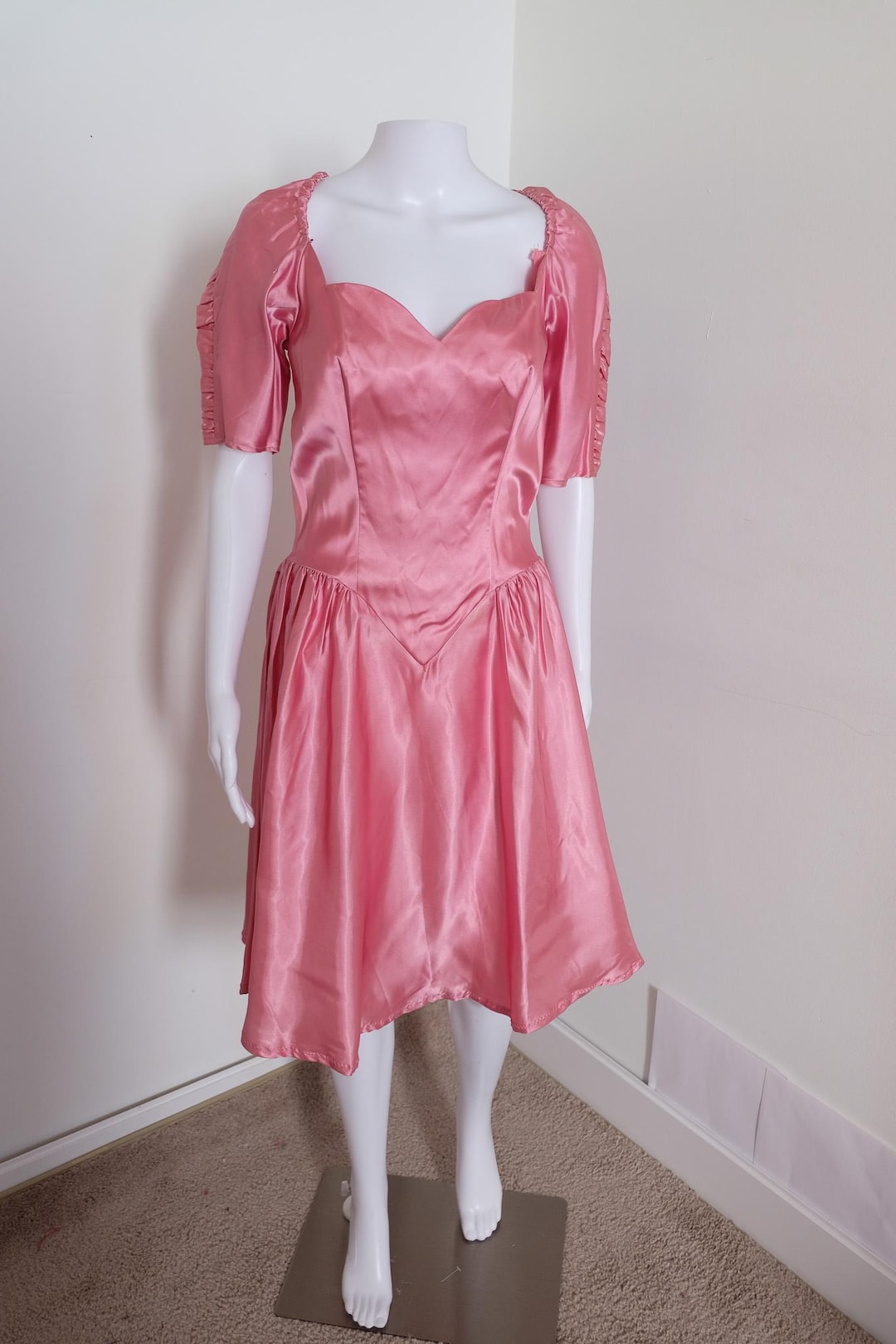 1980's Vintage Prom Dress Pink Satin Puff Shoulder Dynasty Glamour High ...