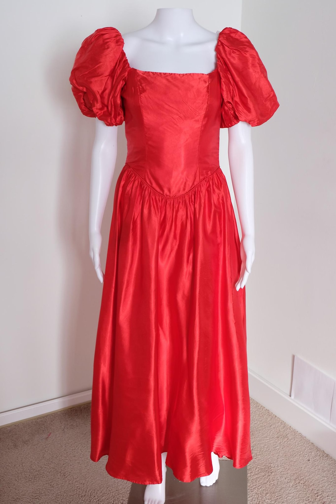 1980's Vintage Prom Dress RED Satin Fit and Flare Full Skirt Full Puff ...