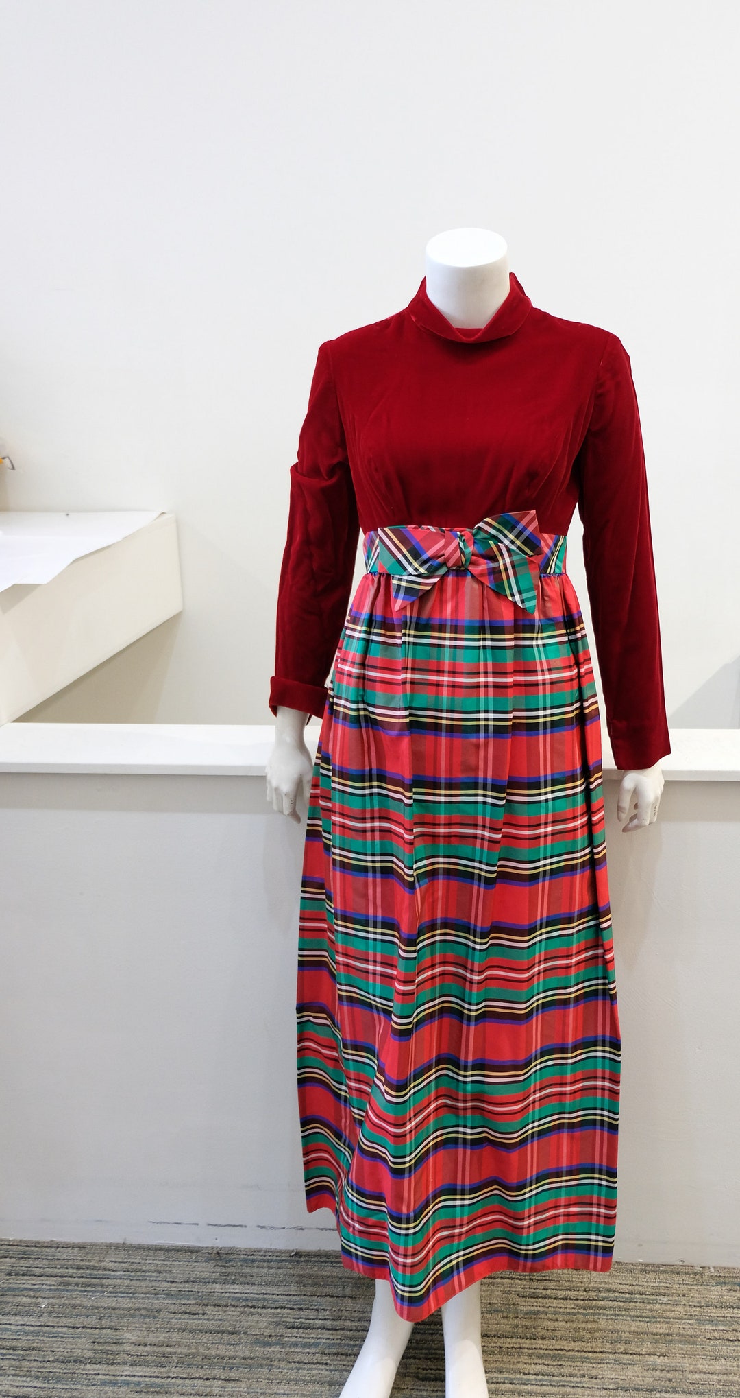 1970's Vintage Christmas Plaid Holiday Taffeta Maxi Gown Size 2- 4 With ...