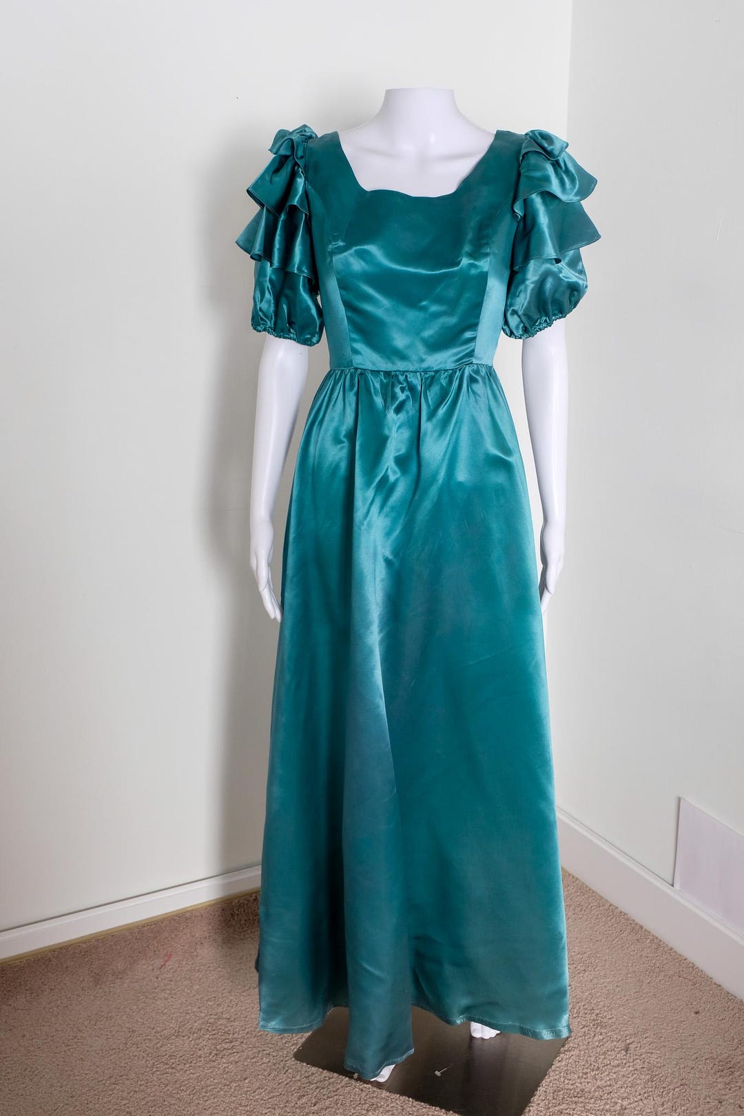 1980's Vintage Dramatic Teal Satin Bridgerton Style Prom Gown Dress ...