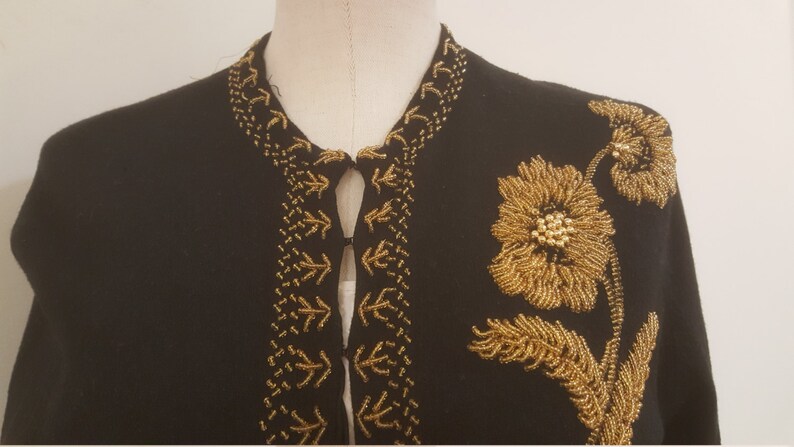 1950's Vintage Black Beaded Lambswool Cardigan With Gold Beads of ...