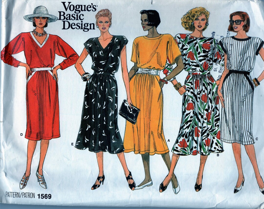 1985 Pattern Vogue 1569 UNCUT 8-10-12 Misses Dress Different Neckline ...
