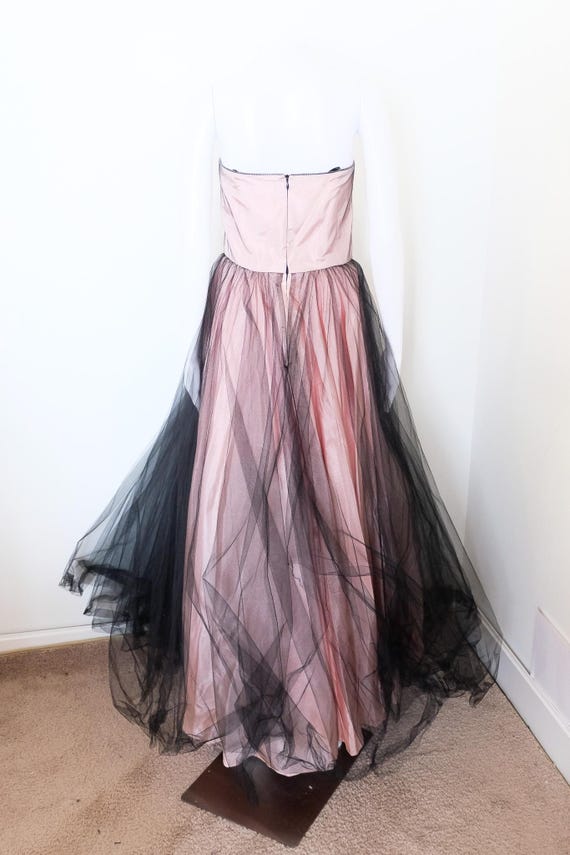 2000's Vintage Gown Black Tuille on Pink Strapless Pr… - Gem