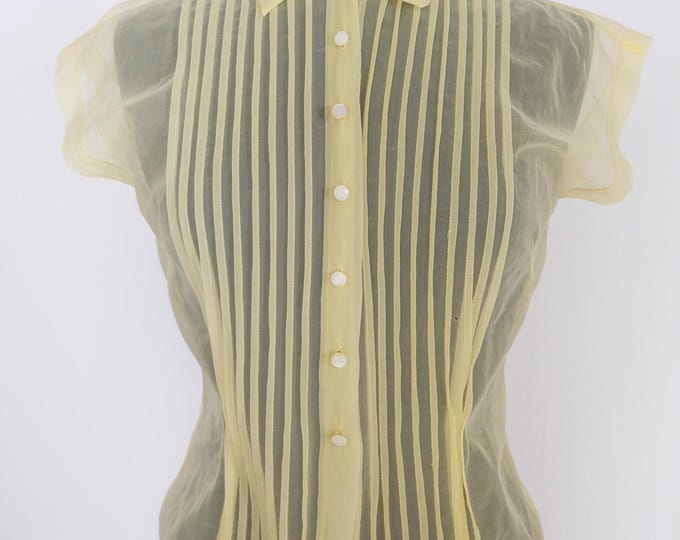 1950's Vintage Yellow Nylon Sheer Blouse With Tuck Pleat Front and ...