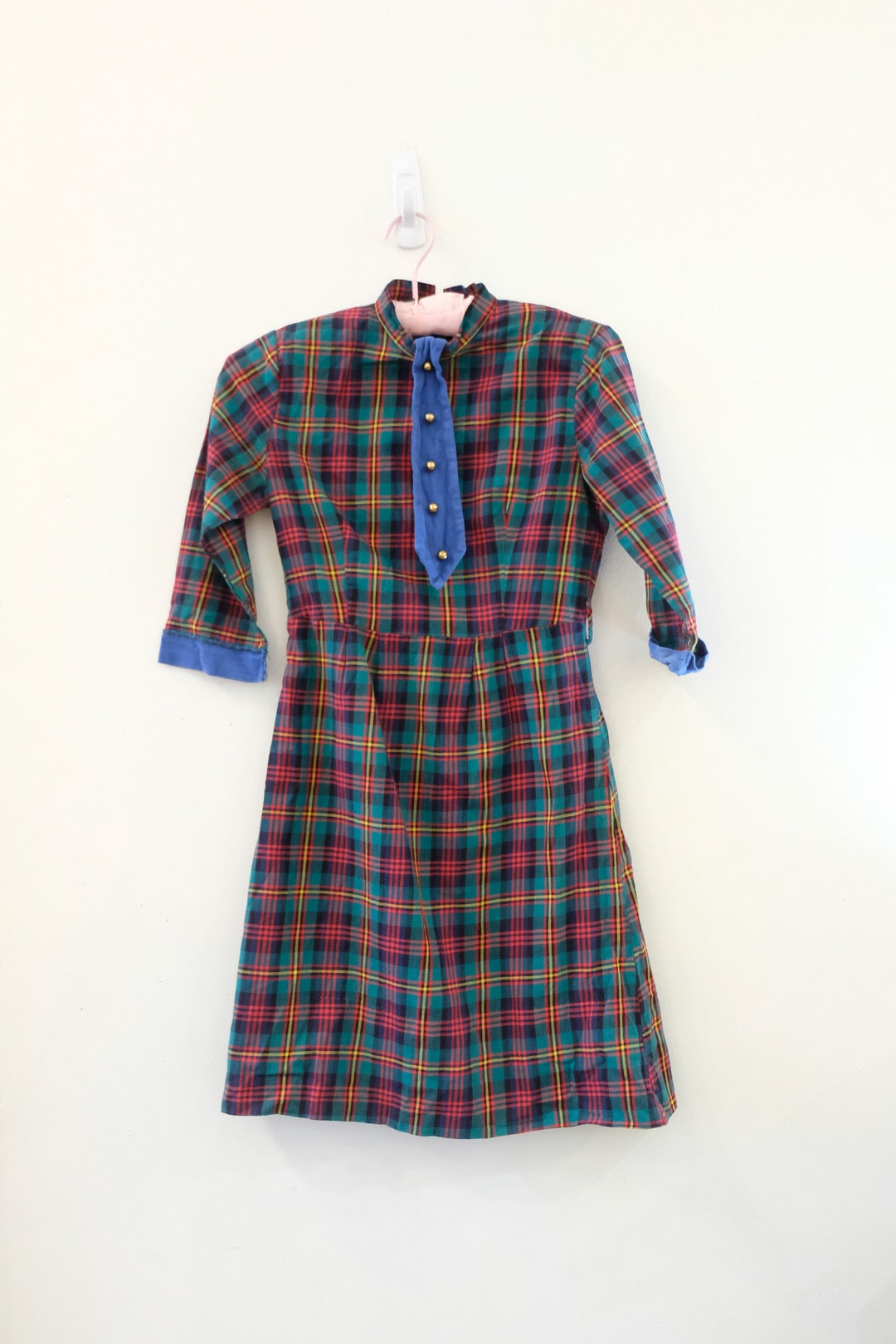 1960's Vintage Girls Cotton Plaid Dress 3/4 Sleeves Blue Green Red ...
