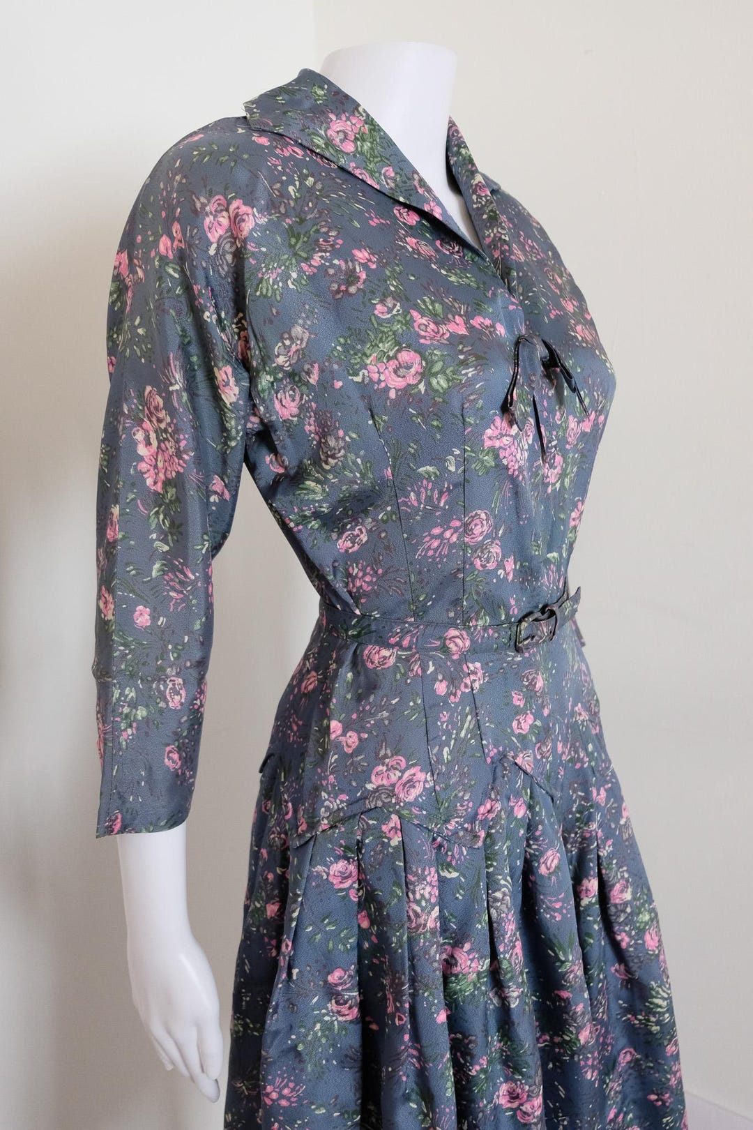 1950's Vintage Slate Blue Dress Pink Green Floral Print Acetate Party ...