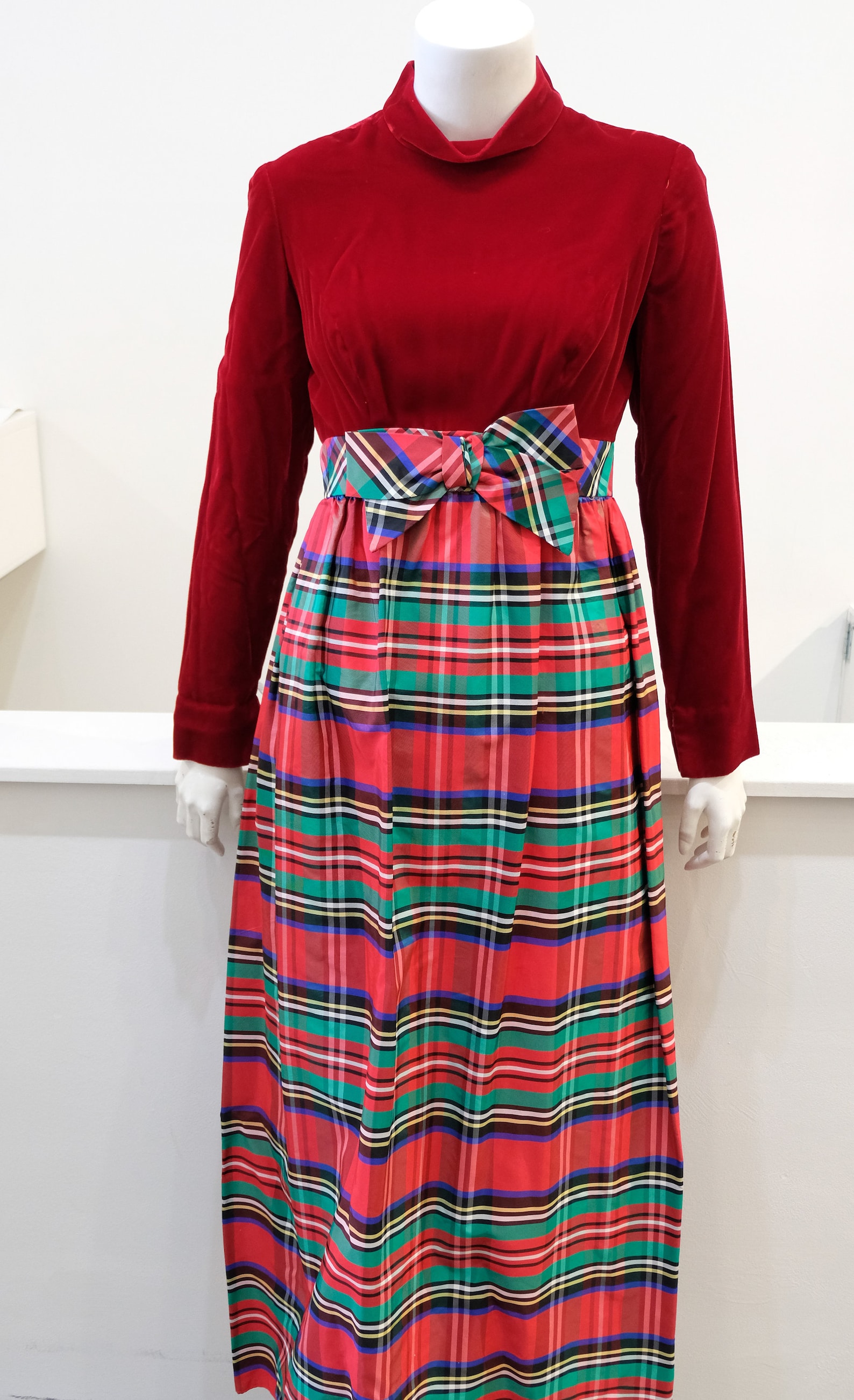 1970's Vintage Christmas Plaid Holiday Taffeta Maxi Gown Size 2- 4 With ...