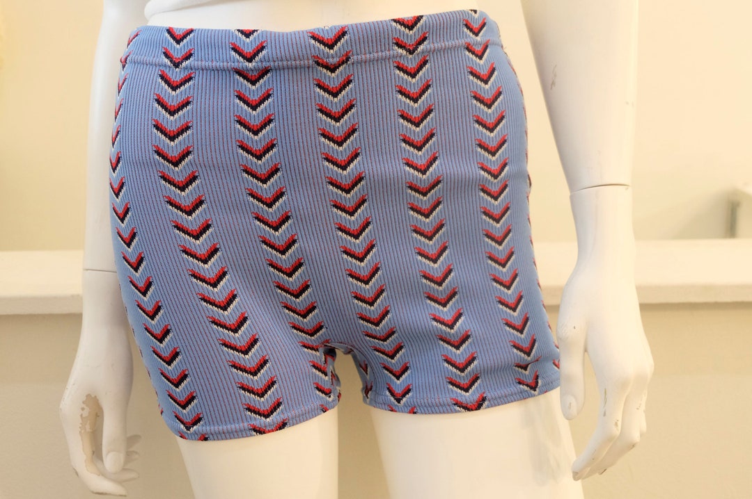 1960's Vintage Men's Swim Trunks Nylon Rib Knit Blue W/ Red, White ...