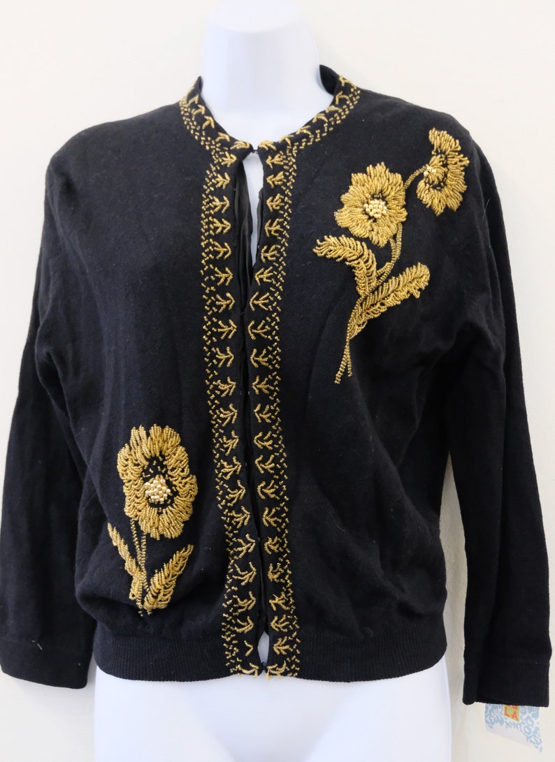 1950's Vintage Black Beaded Lambswool Cardigan With Gold Beads of ...