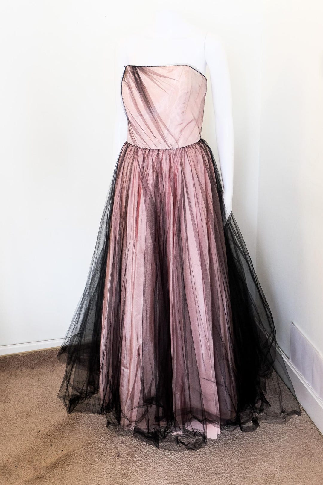 2000's Vintage Gown Black Tuille on Pink Strapless Prom Gown Super Full ...